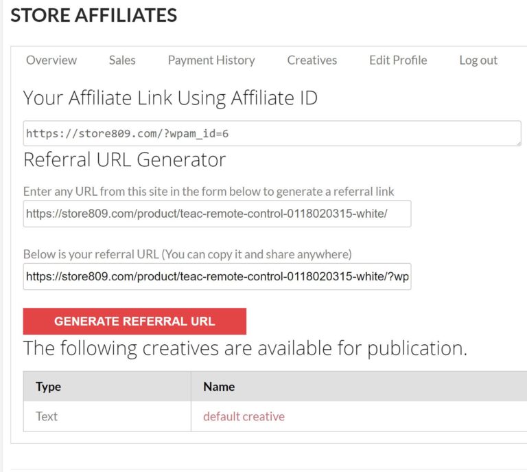 Your Affiliate ID and Referral URL. | Store809